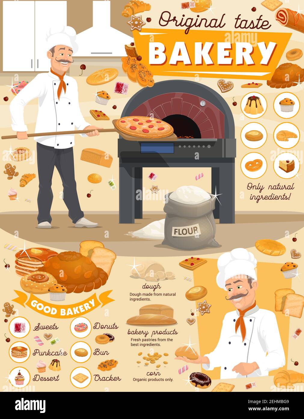Bakery with bread and pastry products poster with baker putting pizza ...