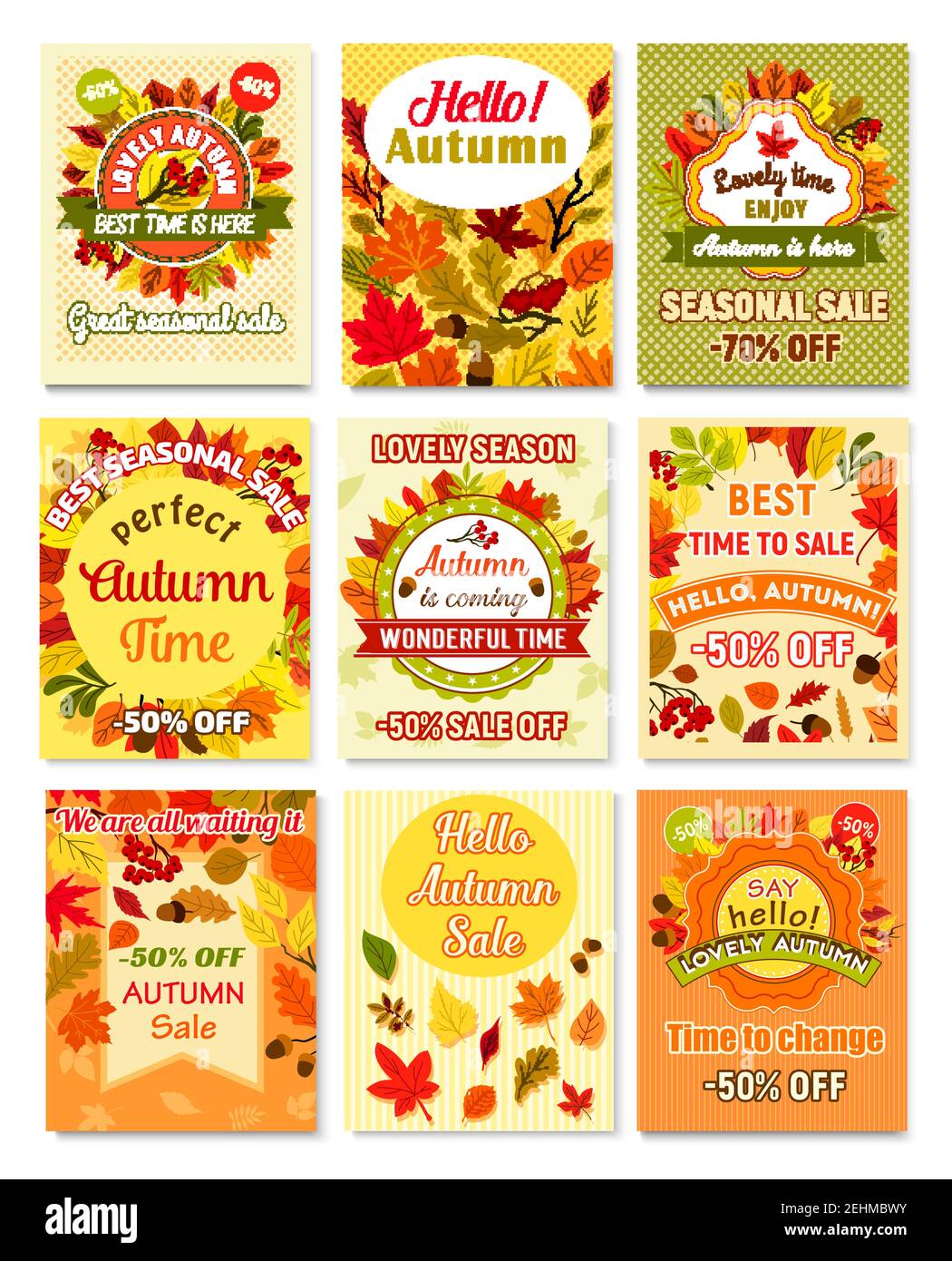 Hello autumn retro poster set. Fall season leaf, yellow maple leaves ...