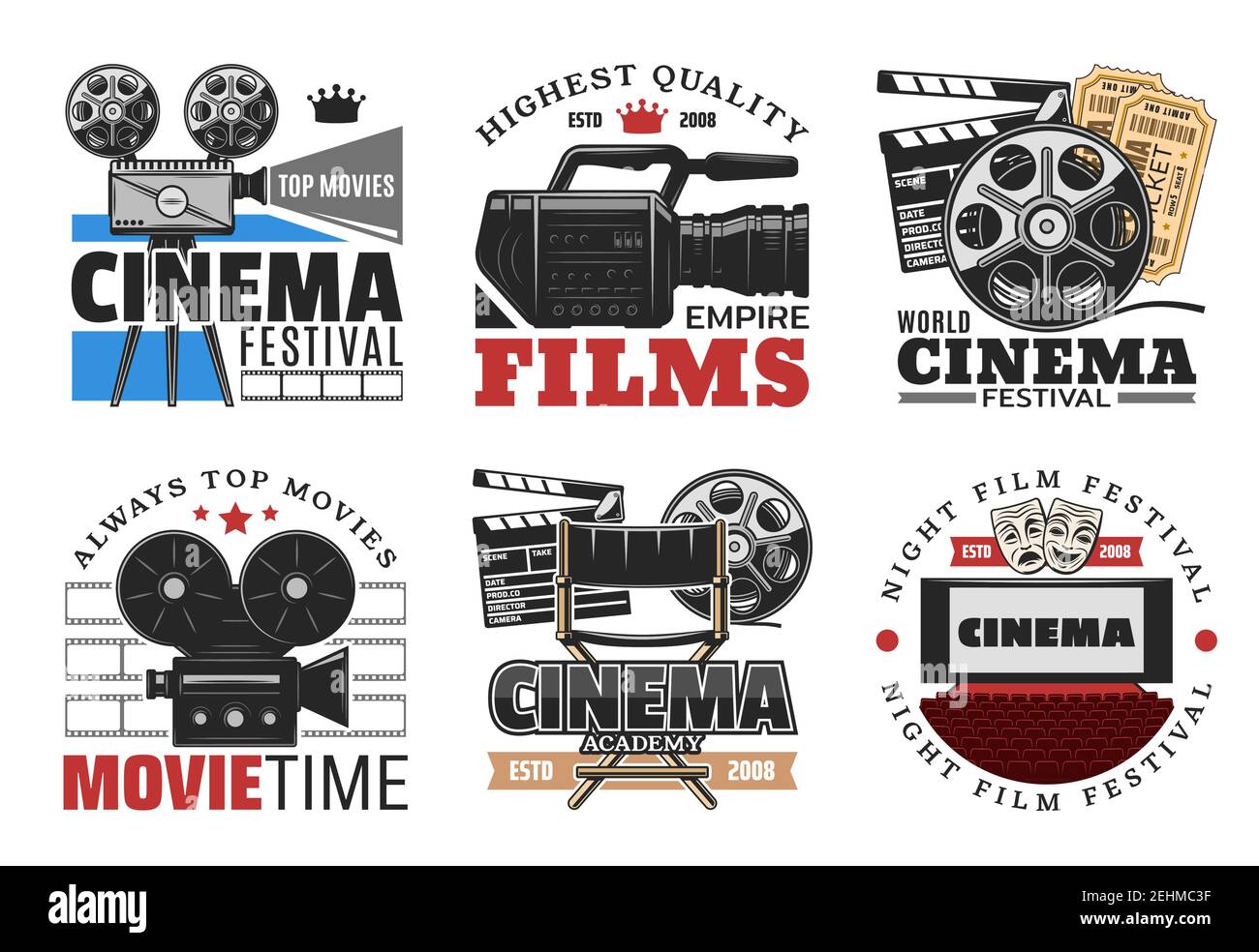 Cinema and movie, films icons and symbols. Vector retro camera and film ...