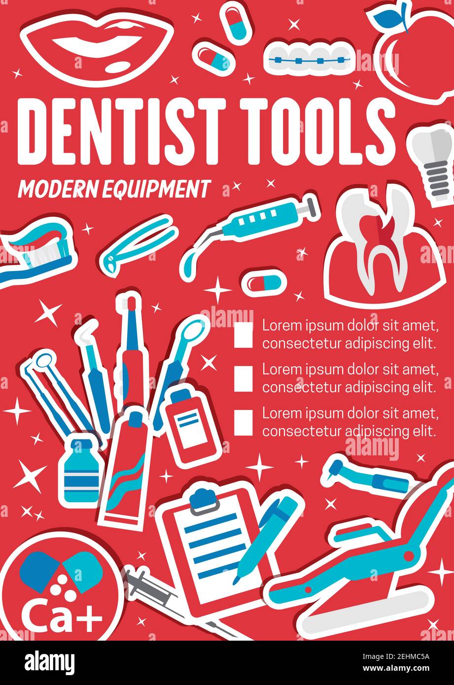 Dentist tool and dentistry equipment banner. Dental clinic and hospital ...