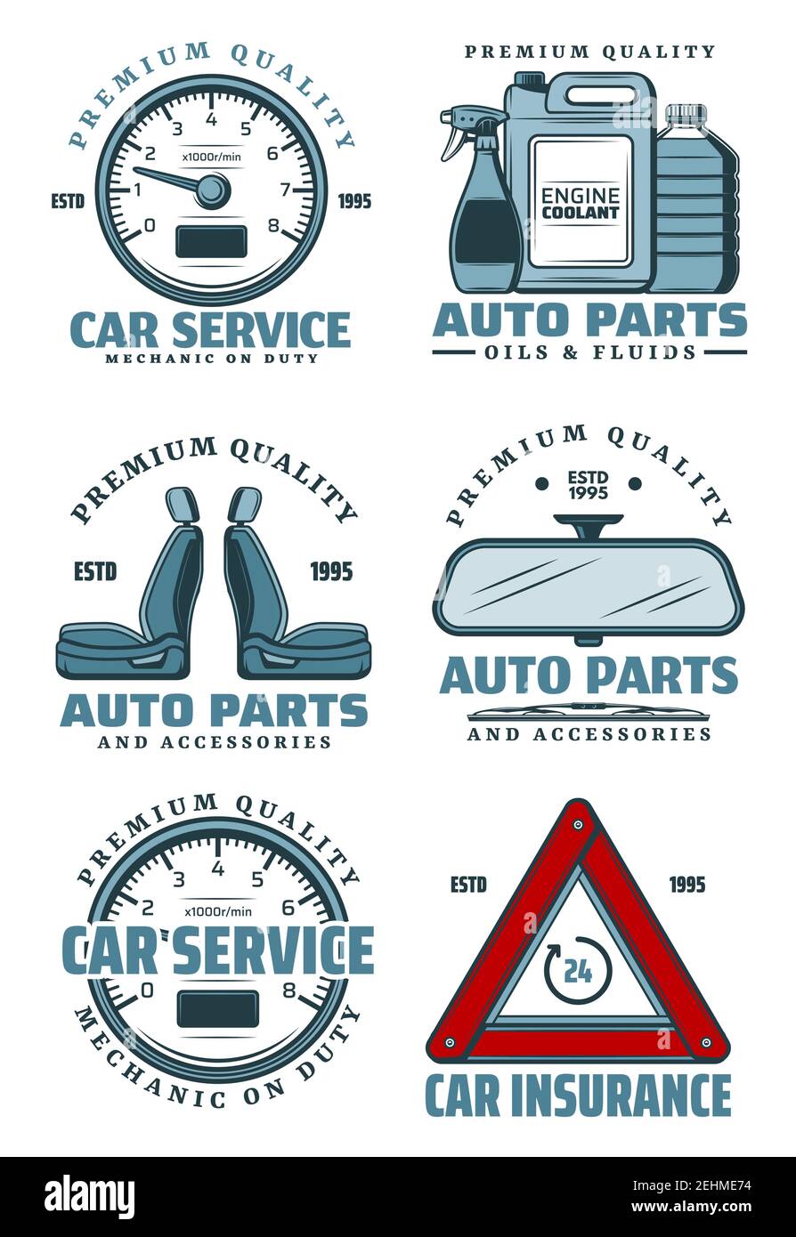 Car service icons for auto parts store and mechanic repair on garage ...