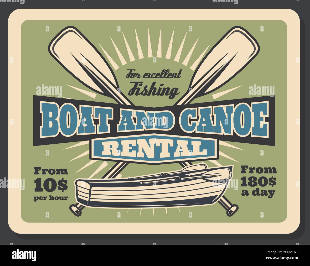 Fishing equipment rental advertisement poster with fisher boat or canoe ...