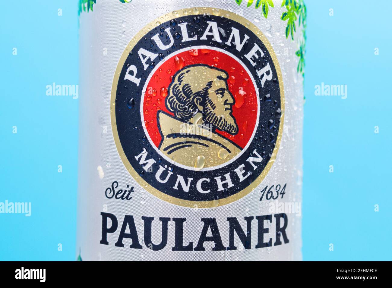 Tyumen, Russia-December 10, 2020: Paulaner beer aluminum can logo ...