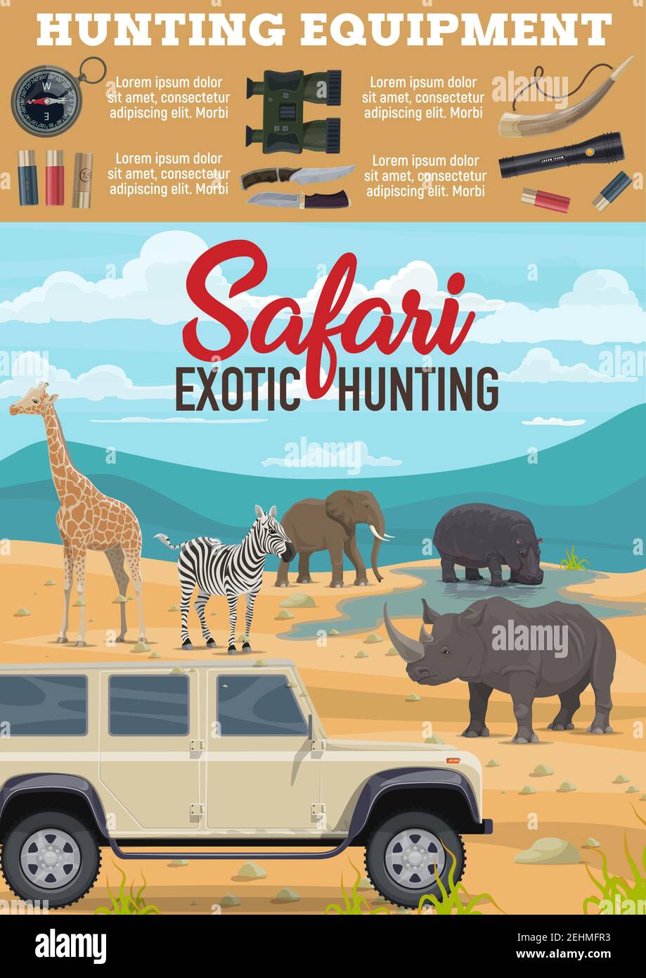 African Safari hunting equipment for savanna wild animals hunt. Vector ...