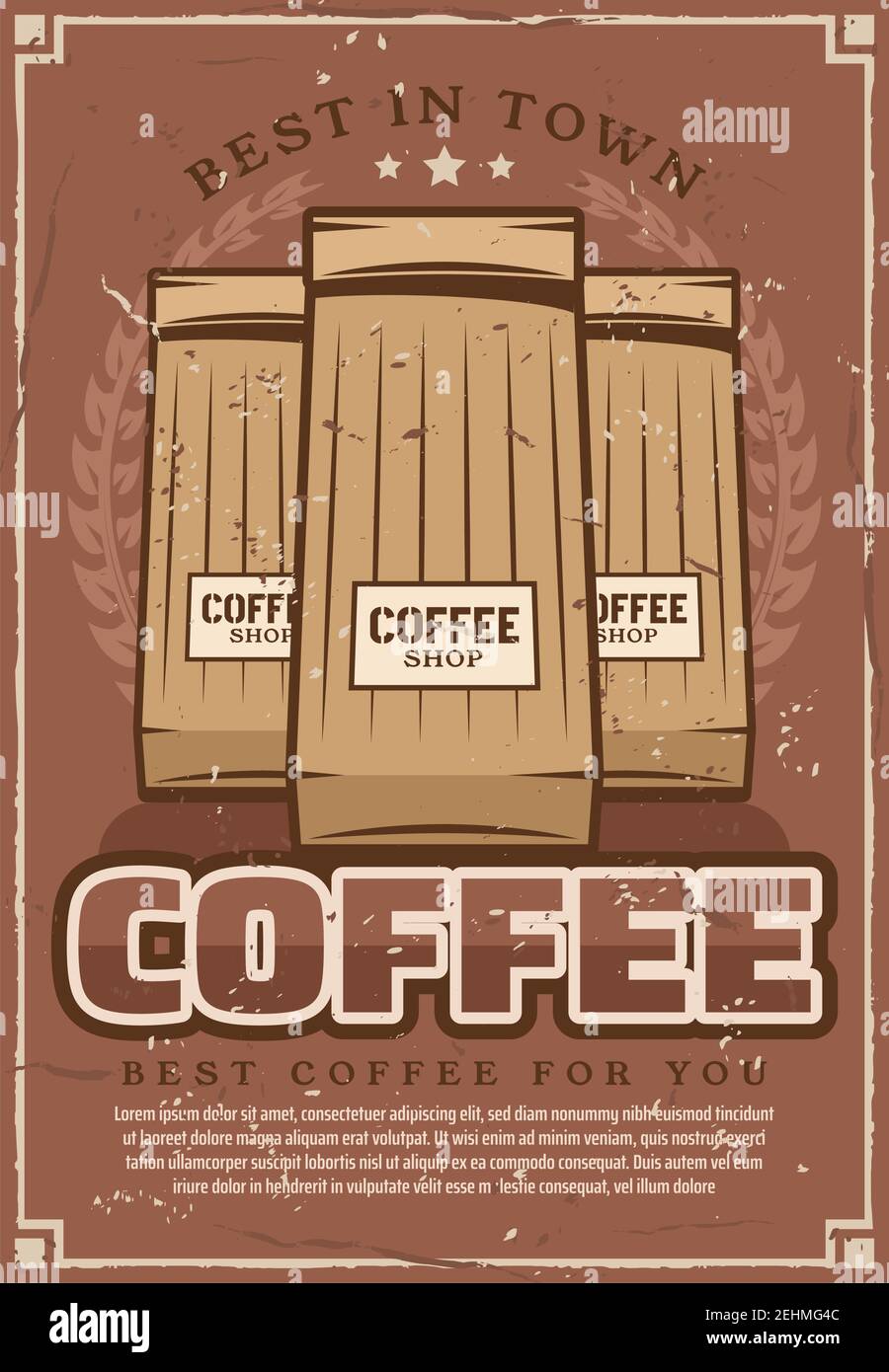 Coffeeshop retro poster of best coffee in paper packs. Vector vintage ...