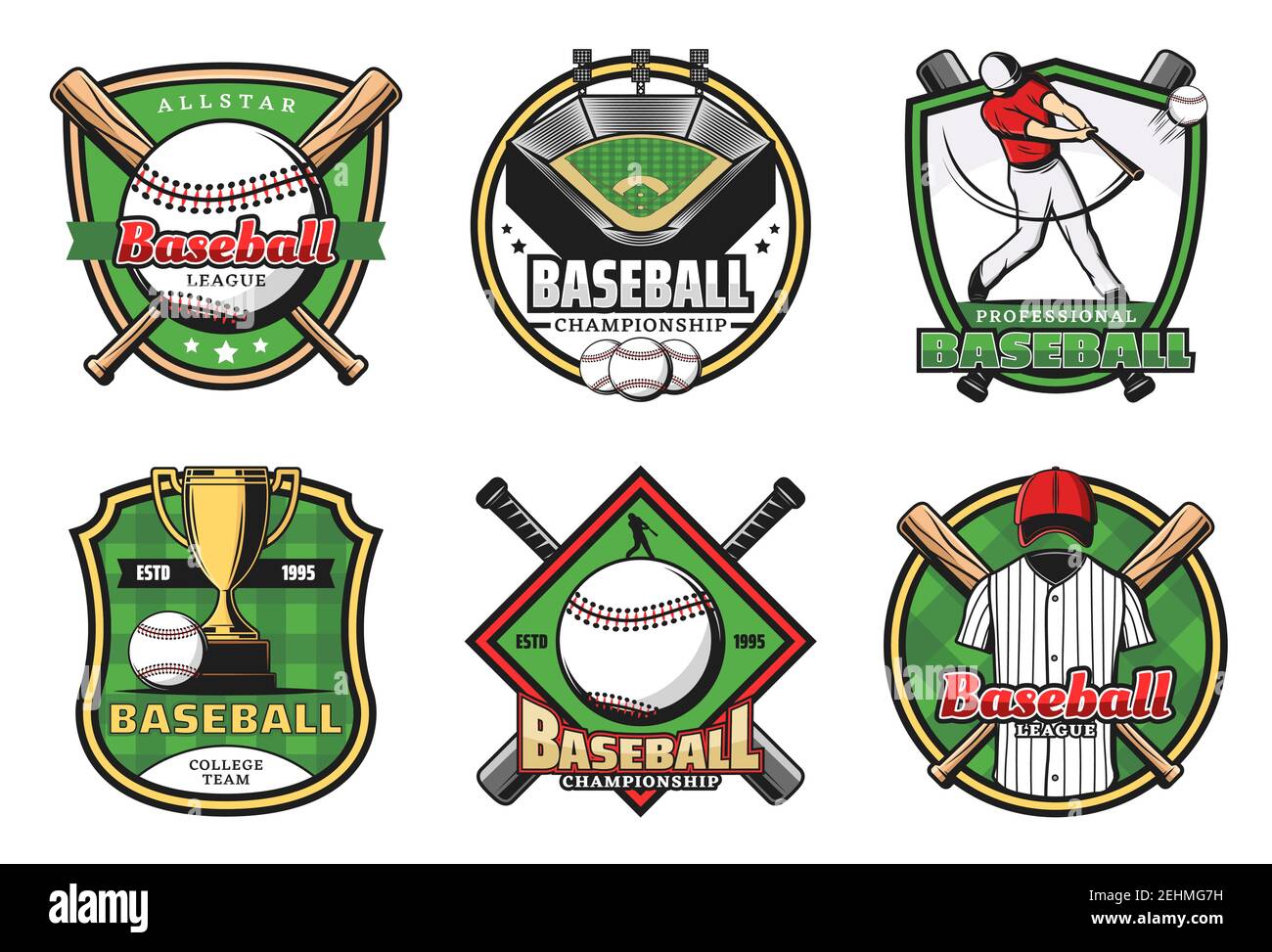Baseball sporting heraldic symbols with crossed bats and balls, trophy ...