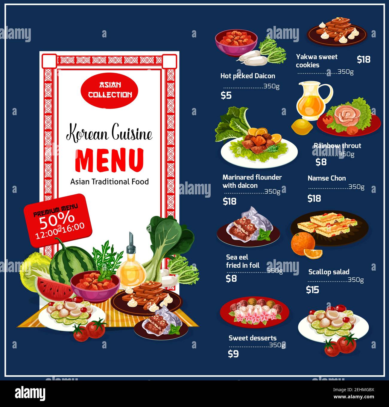 Korean cuisine traditional food menu. Vector dishes of hot pickled ...
