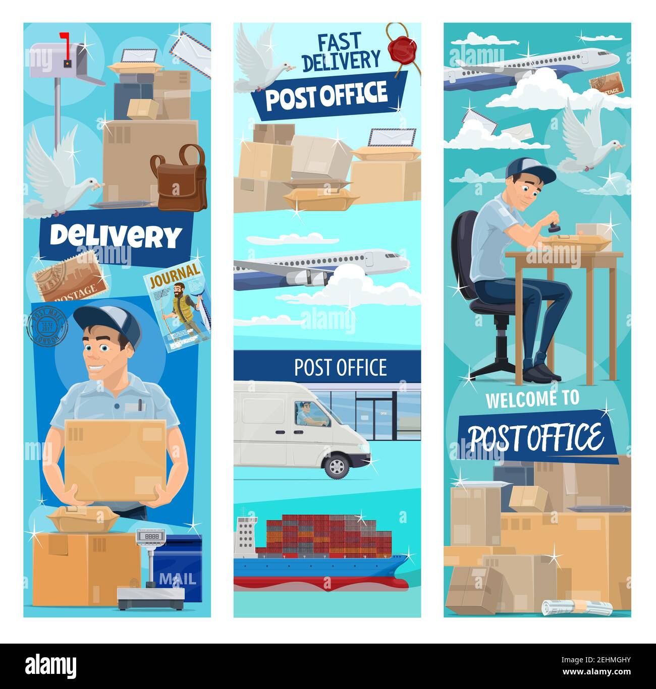 Post mail delivery banners for postage logistics. Vector flat design of ...