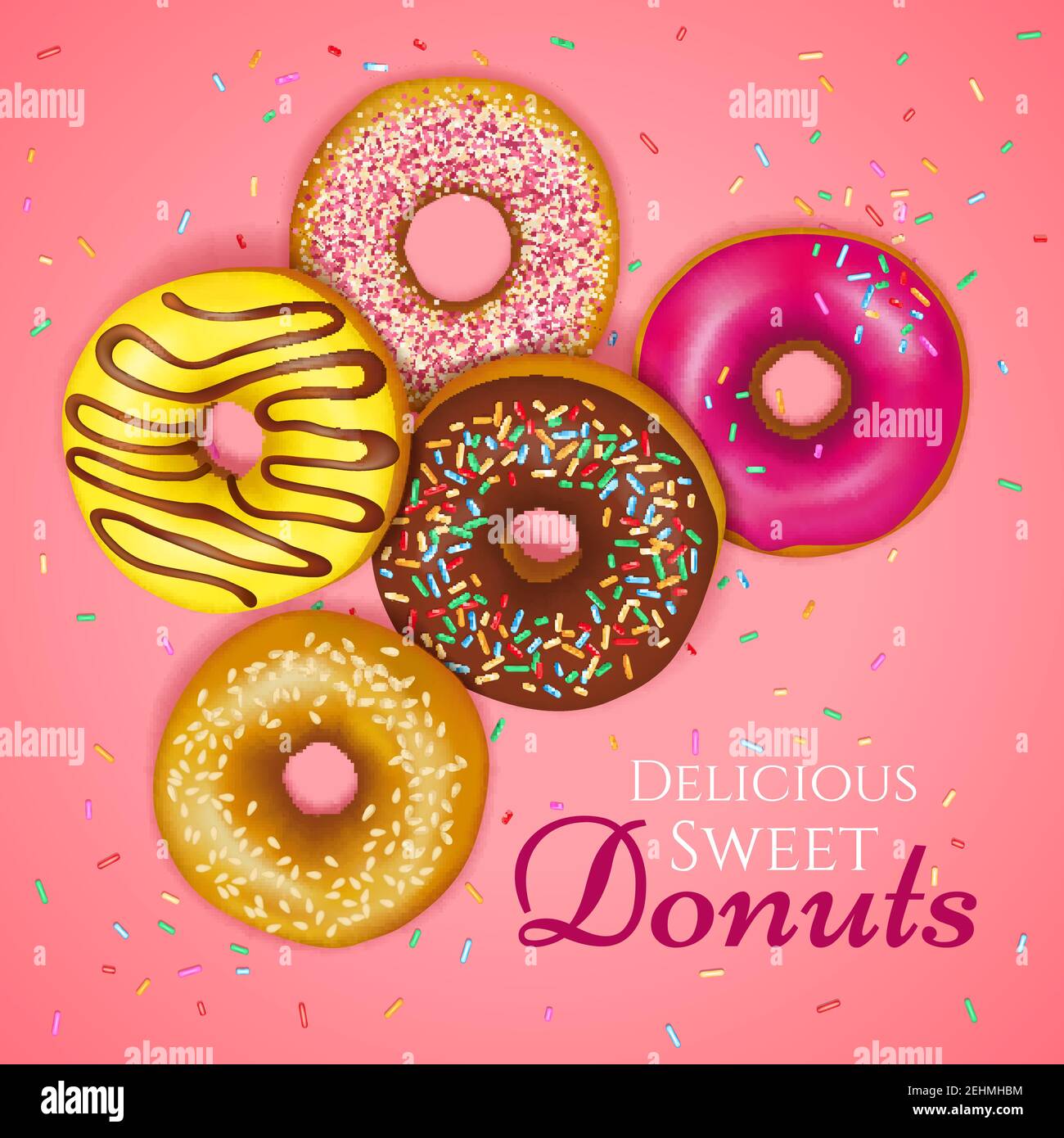 Delicious sweet donuts with sprinkles and colorful toppings on pink ...
