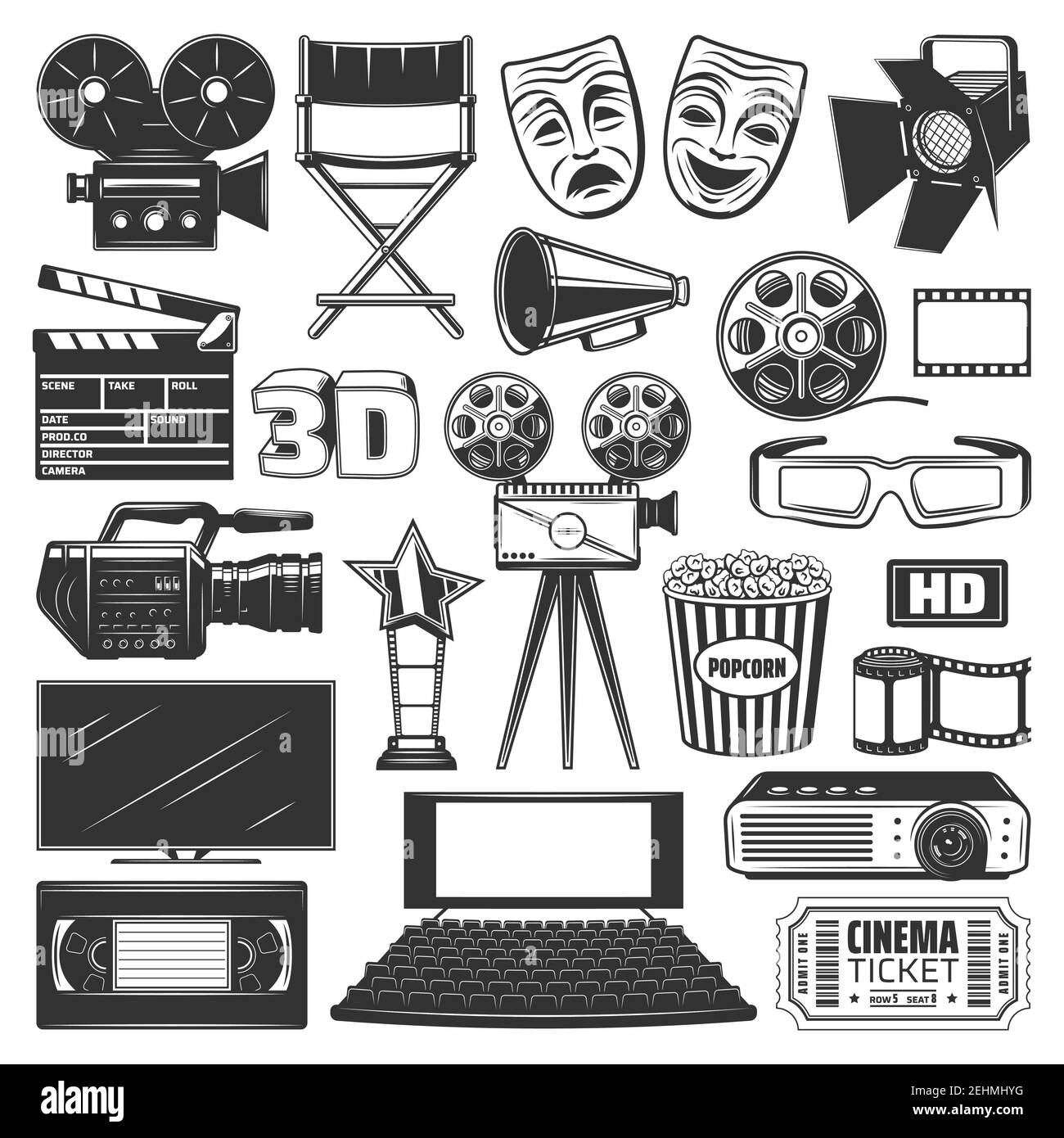 Cinema or movie production devices and equipment icons and signs ...