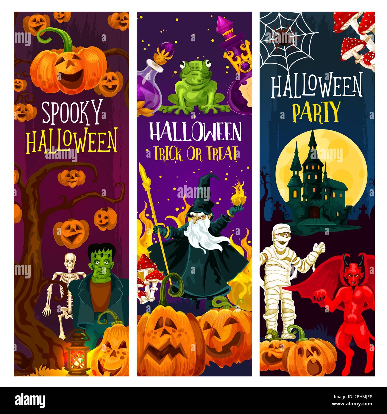 Halloween party and trick or treat night celebration banner. Horror ...