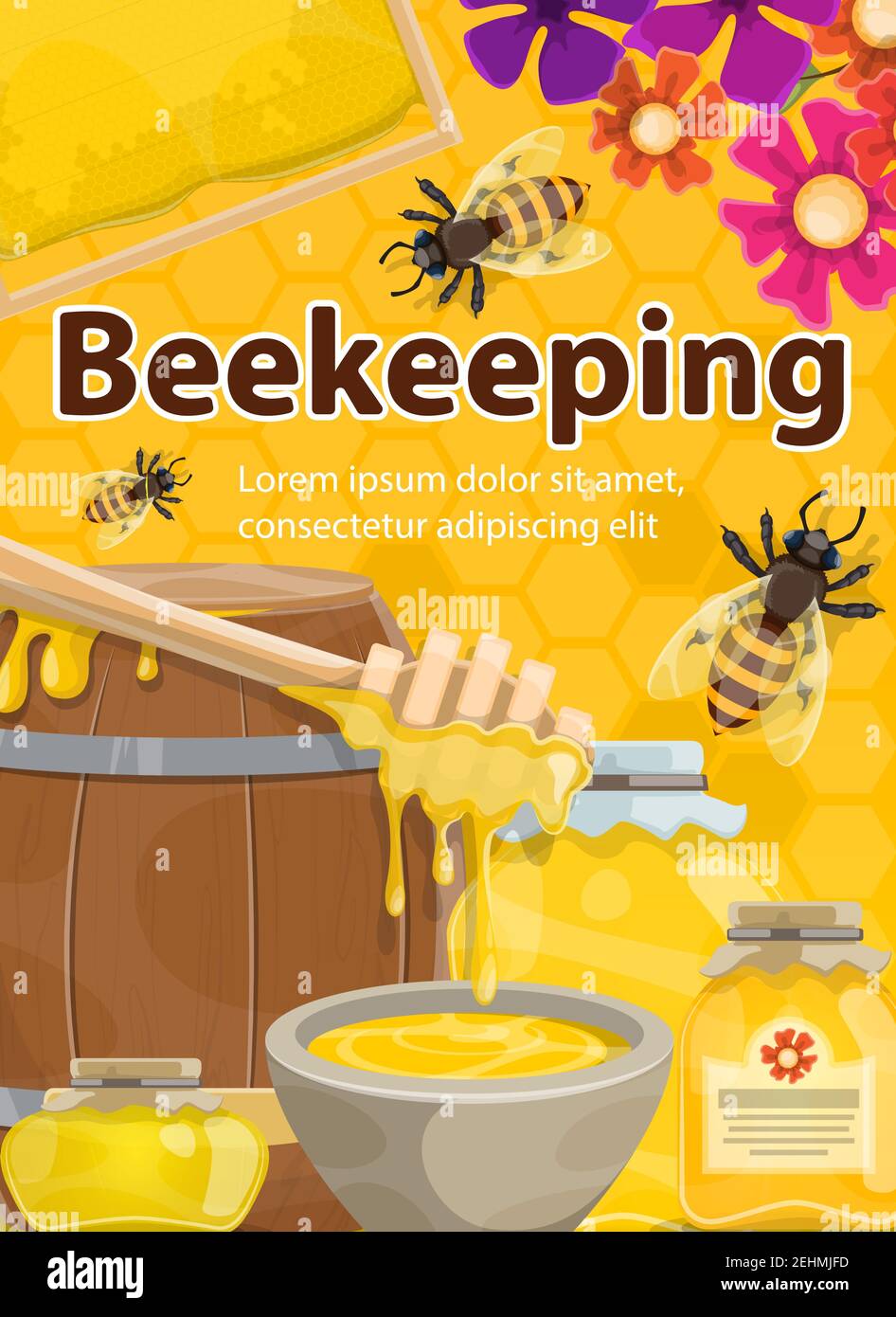 Honey beekeeping poster of honeycomb, wooden barrel and jar with honey ...