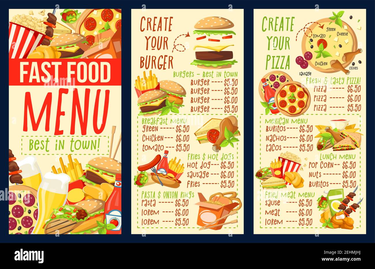 Fast food menu of fastfood snacks and meals. Cafe, restaurant or bistro ...