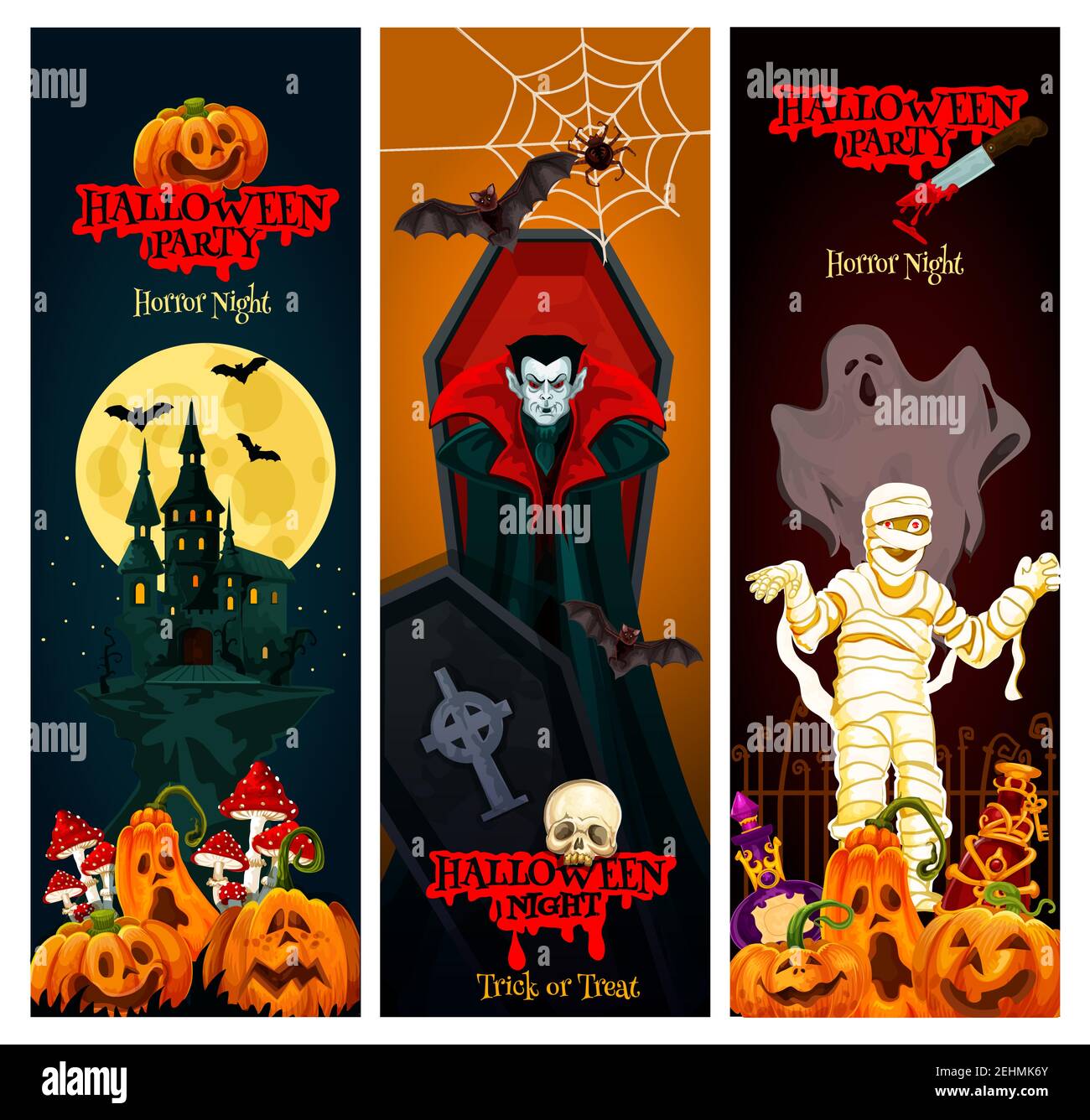 Halloween holiday horror night party banner. Spooky ghost, bat and ...