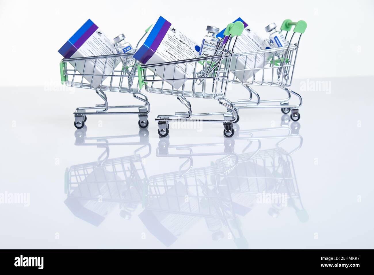 Moscow, Russia – February 10, 2021: Shopping carts with Vaccine boxes ...