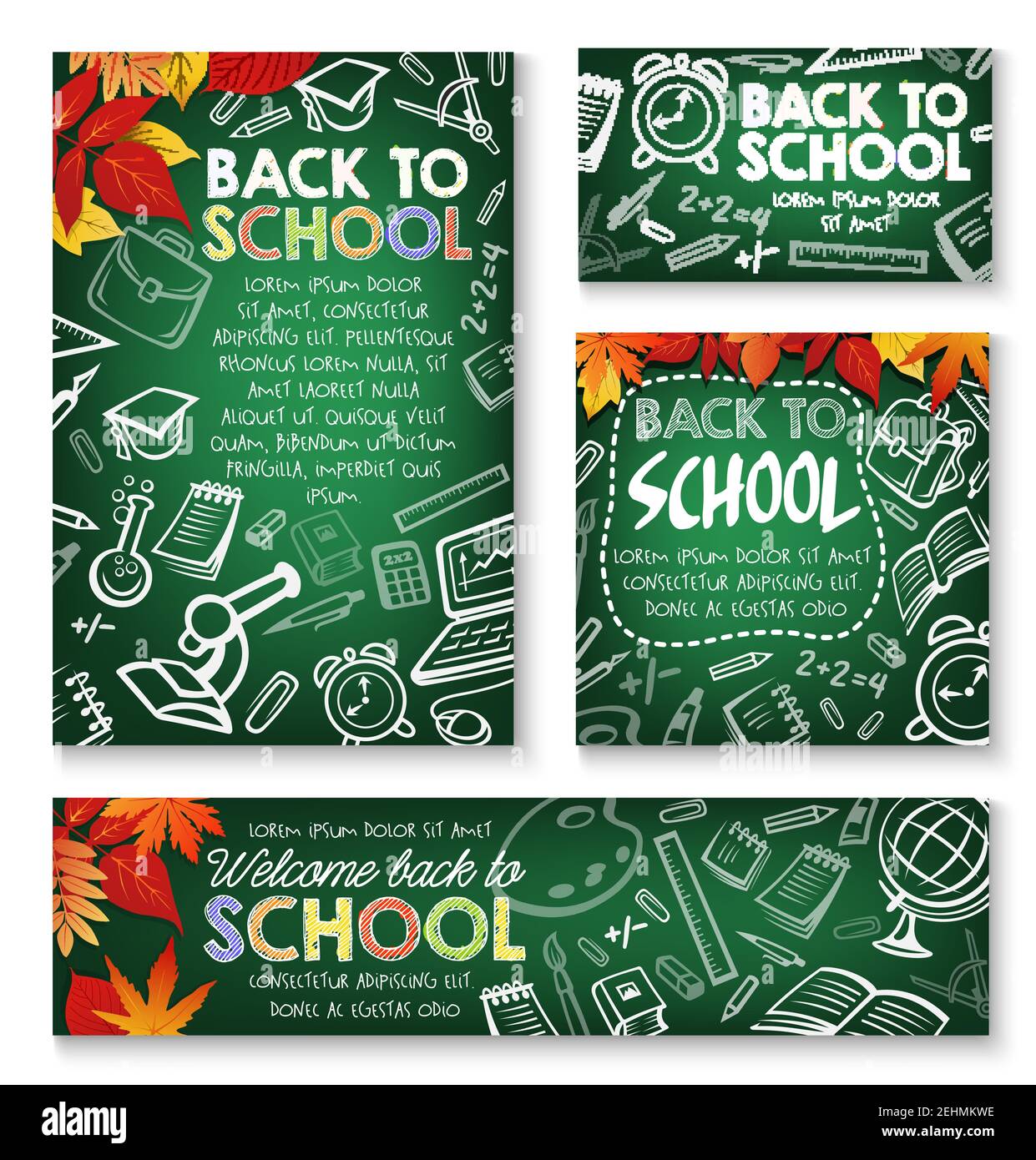 Welcome Back to School chalk green blackboard posters design template ...