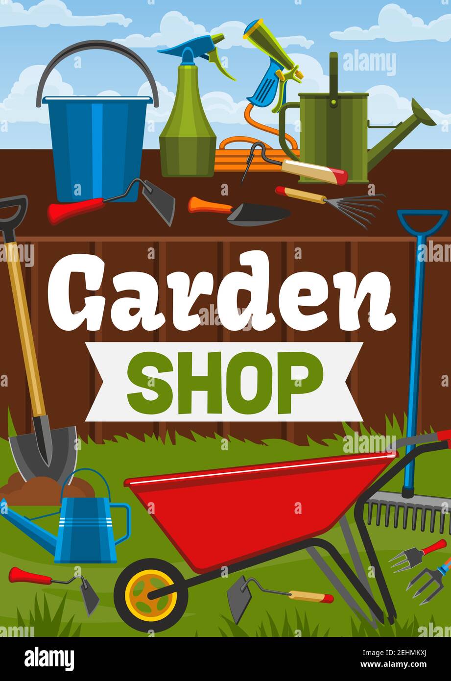 Garden shop, gardening tools and gardener items. Vector wheelbarrow ...