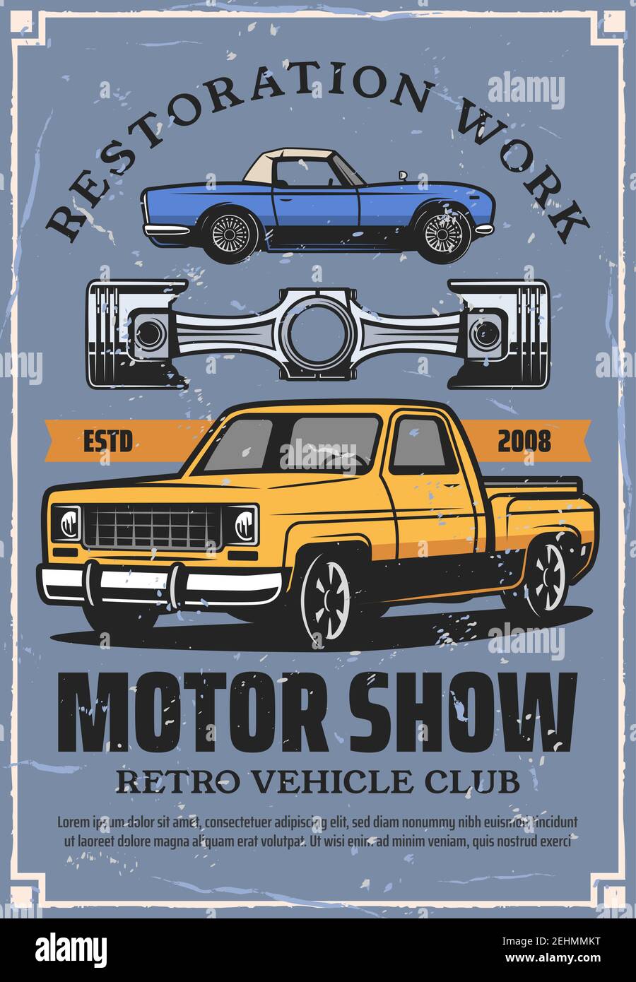 Motor show retro poster with automobile restoration work. Vector ...