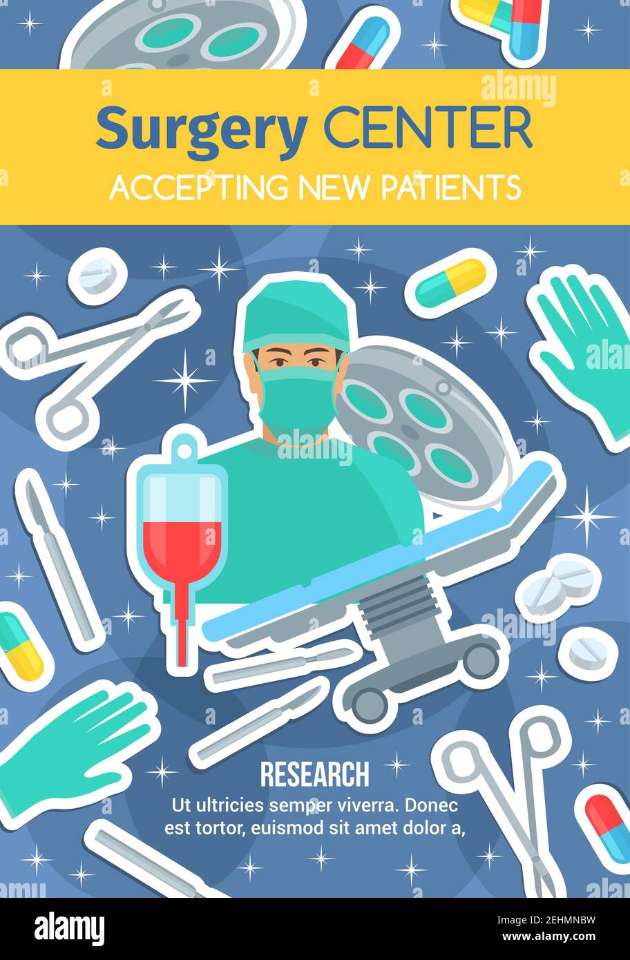 Surgery center or medical clinic poster of surgeon doctor and treatment ...
