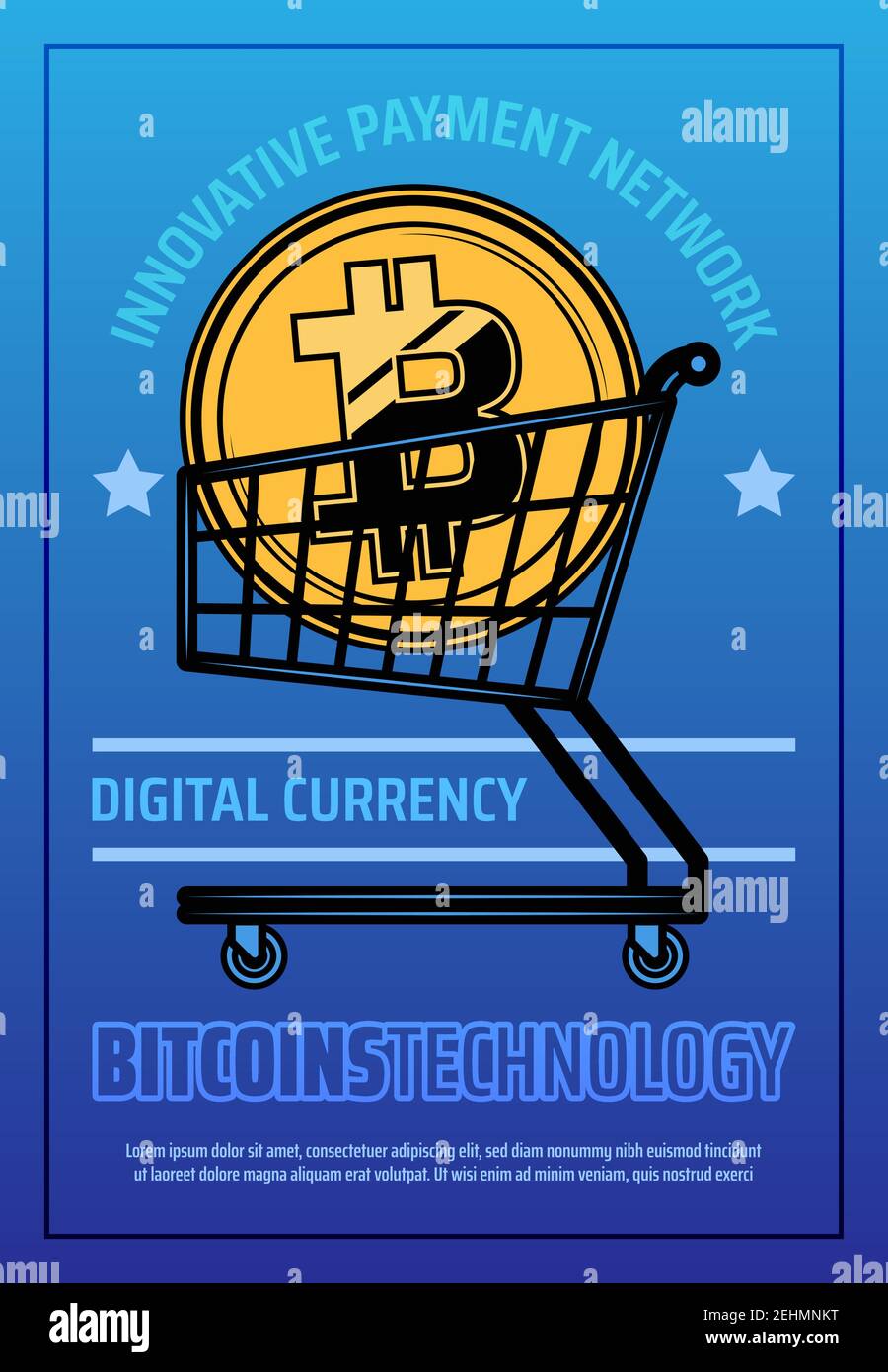 Digital money or cryptocurrency poster with supermarket cart and gold ...