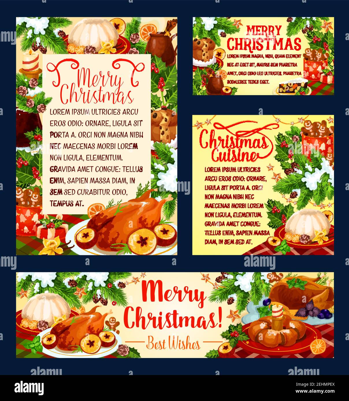 Christmas cuisine festive dinner greeting banner. Baked turkey, Xmas ...
