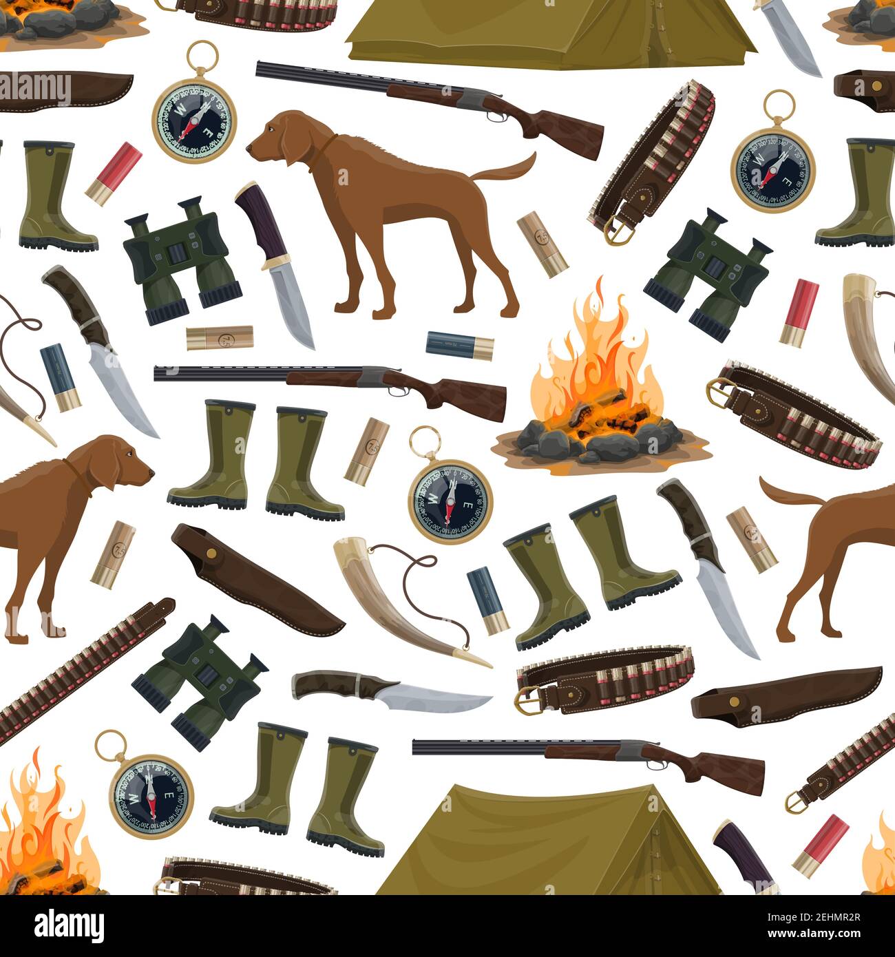 Hunting equipment and hunter ammo seamless pattern. Vector background ...