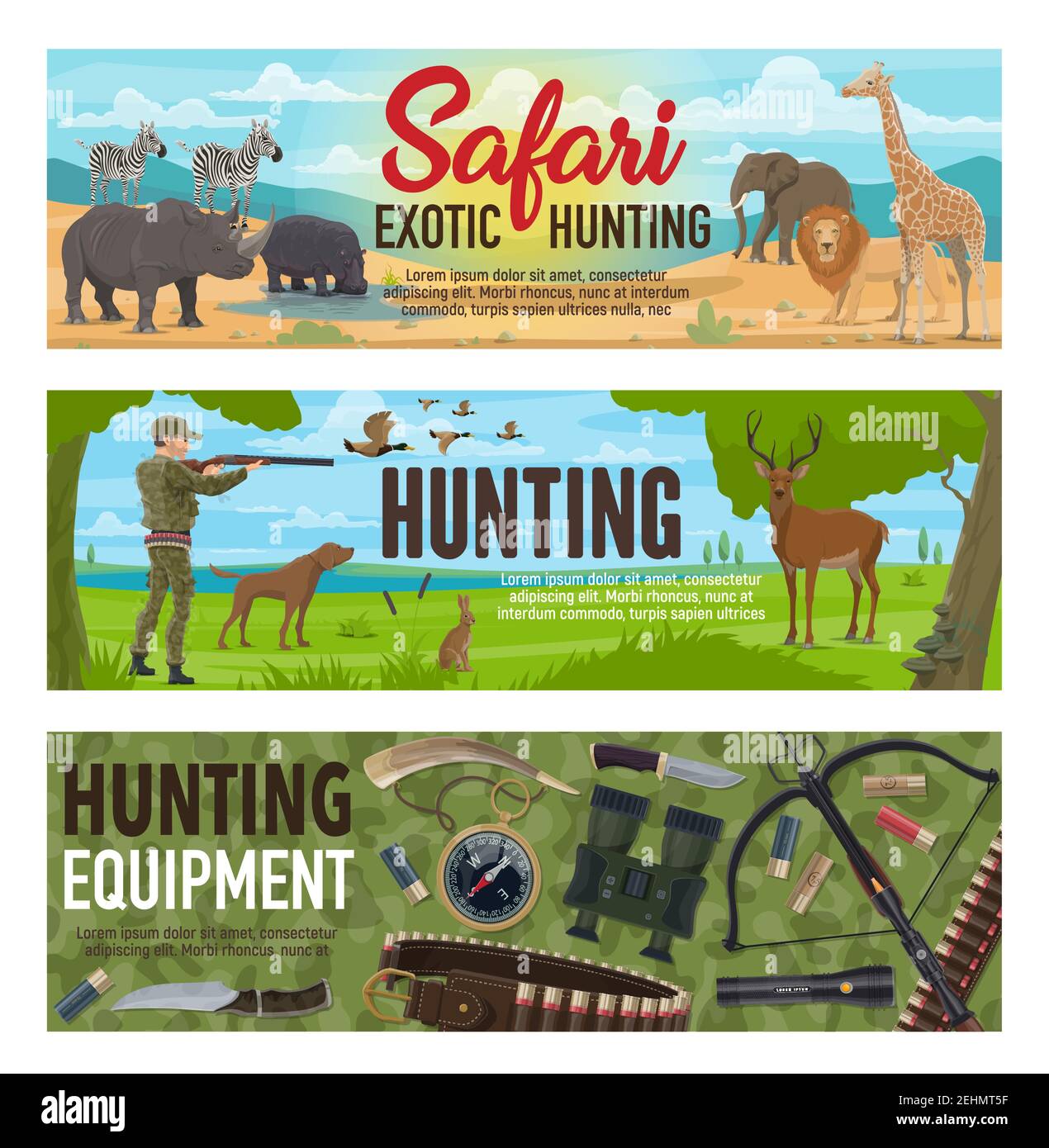 Hunting sport, hunter equipment, african safari and forest animals ...