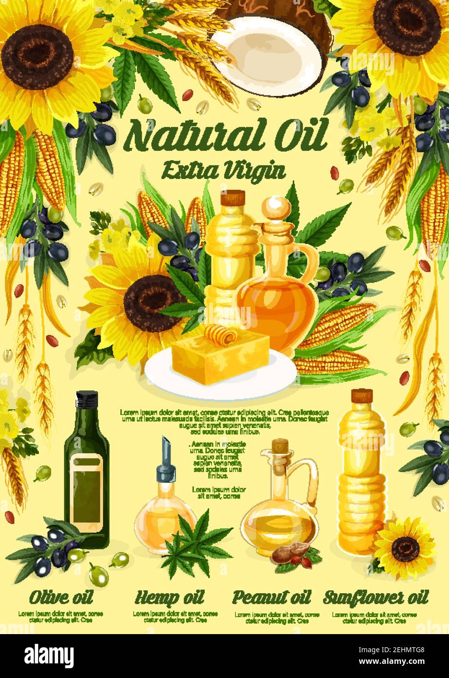 Natural oil from olive, sunflower, peanut and hemp plant. Extra virgin ...