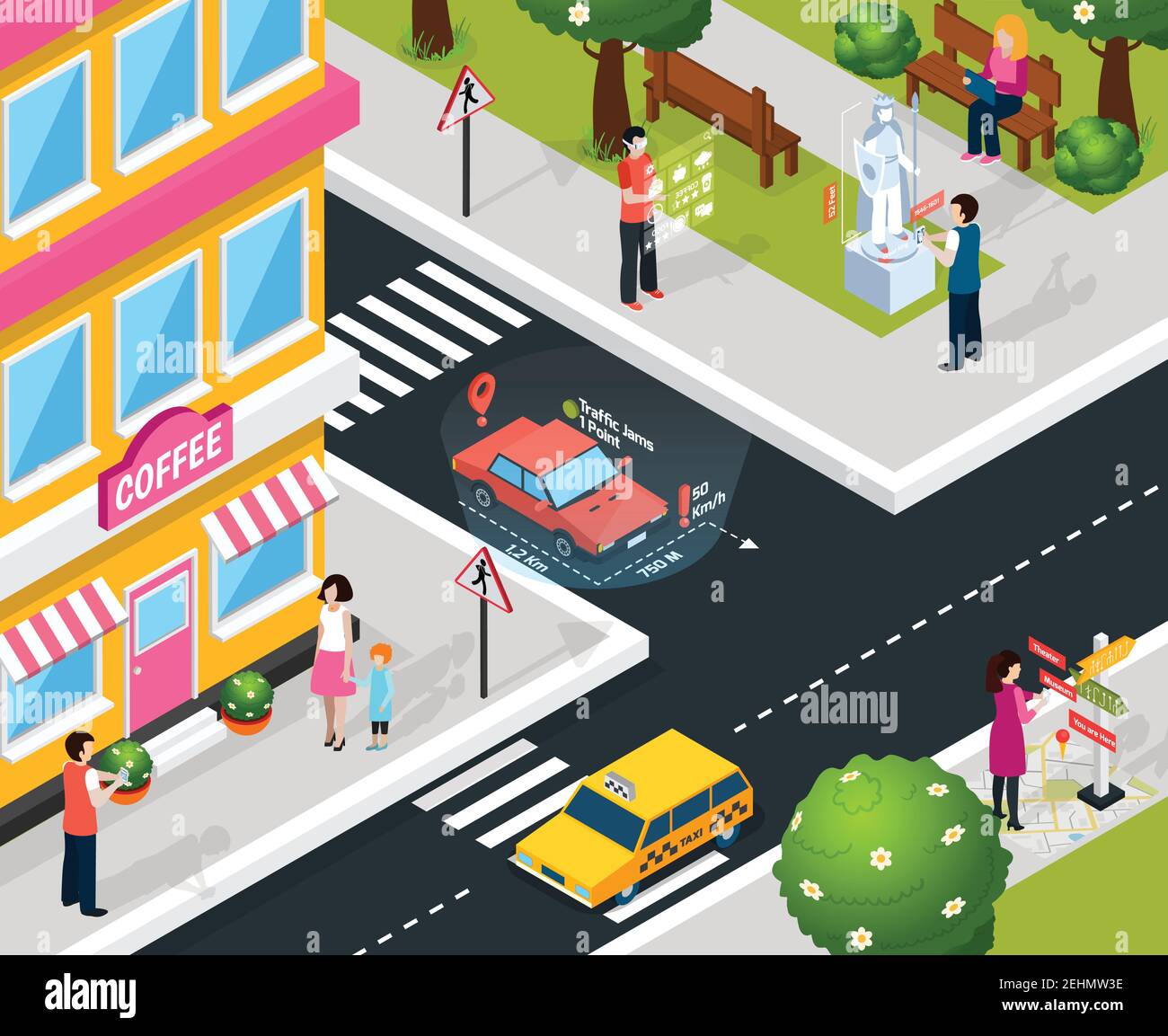 Isometric colored virtual augmented reality city composition with smart ...