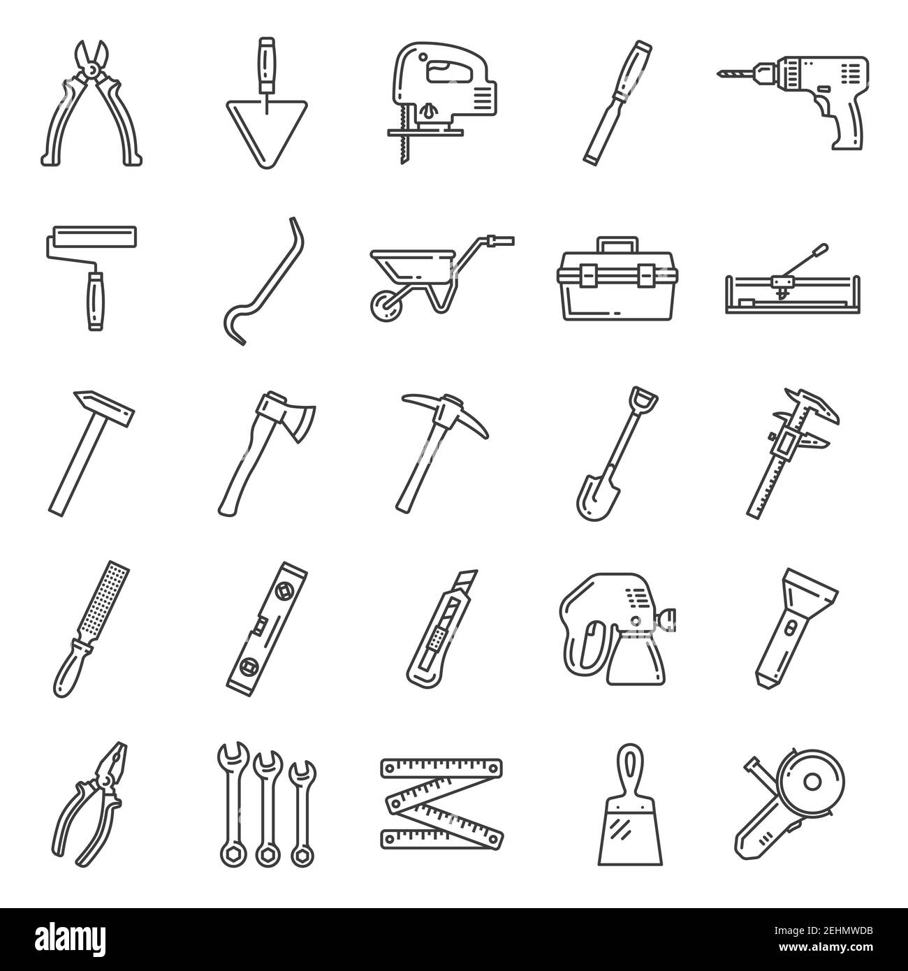 Tools lineart icons, construction and repair equipment. Vector hammer ...
