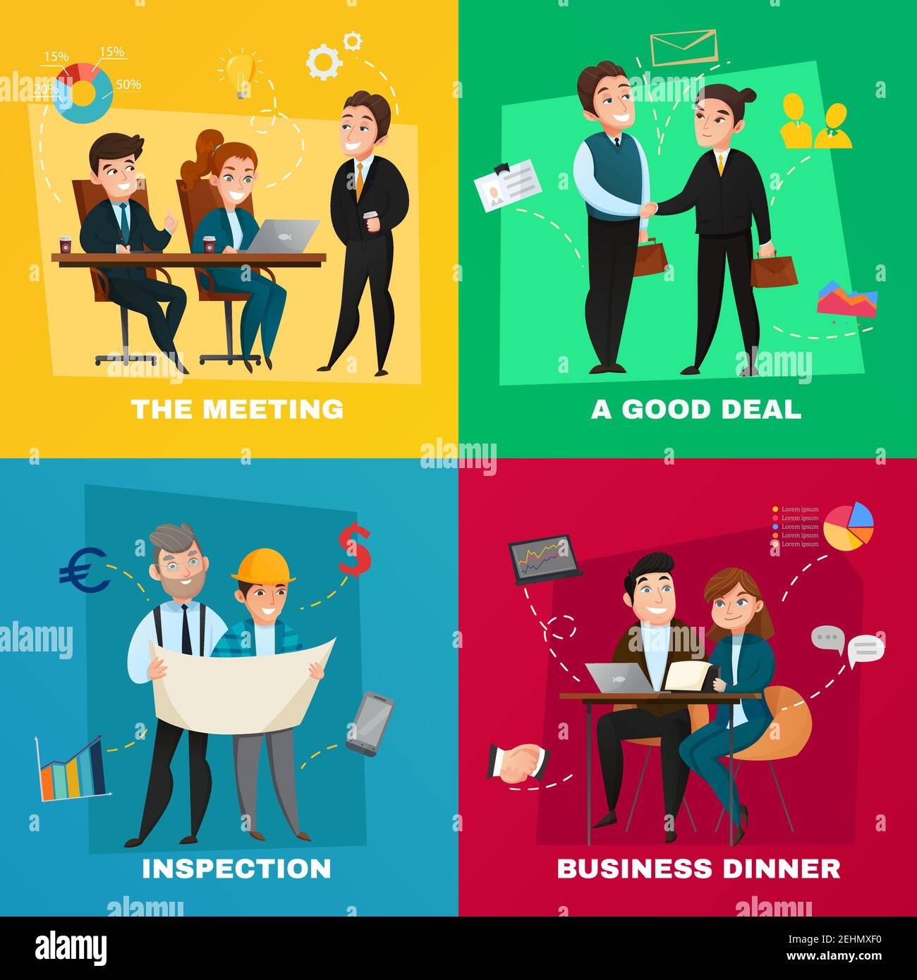 Four square business people concept icon set with the meeting a good ...