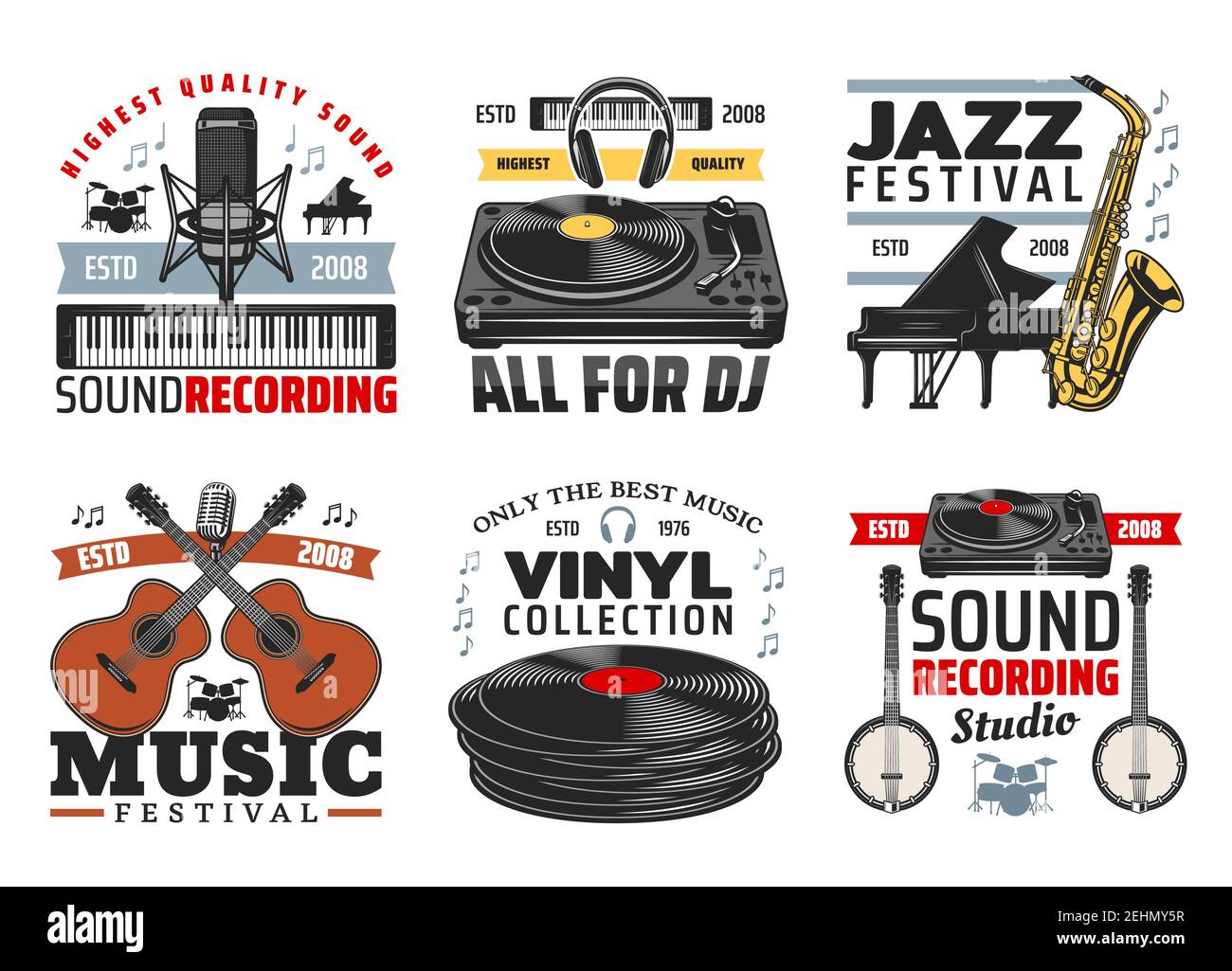 Music festival and sound recording studio icons with musical ...