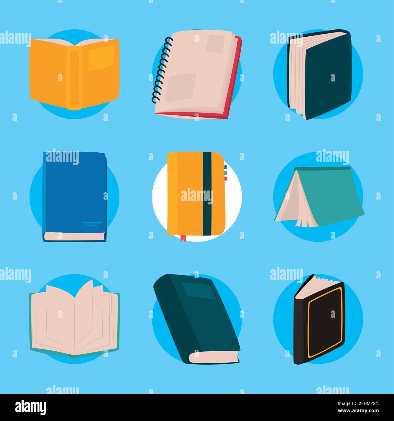 colorful books icon set over blue background, flat style, vector ...