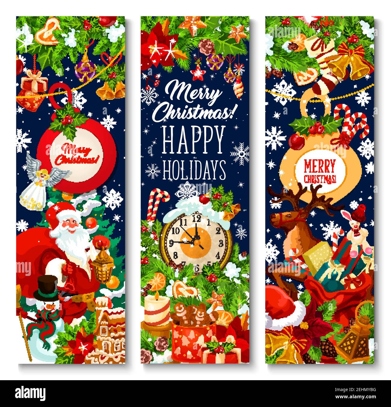 Merry Christmas greeting banners design of Xmas tree wreath, Santa ...