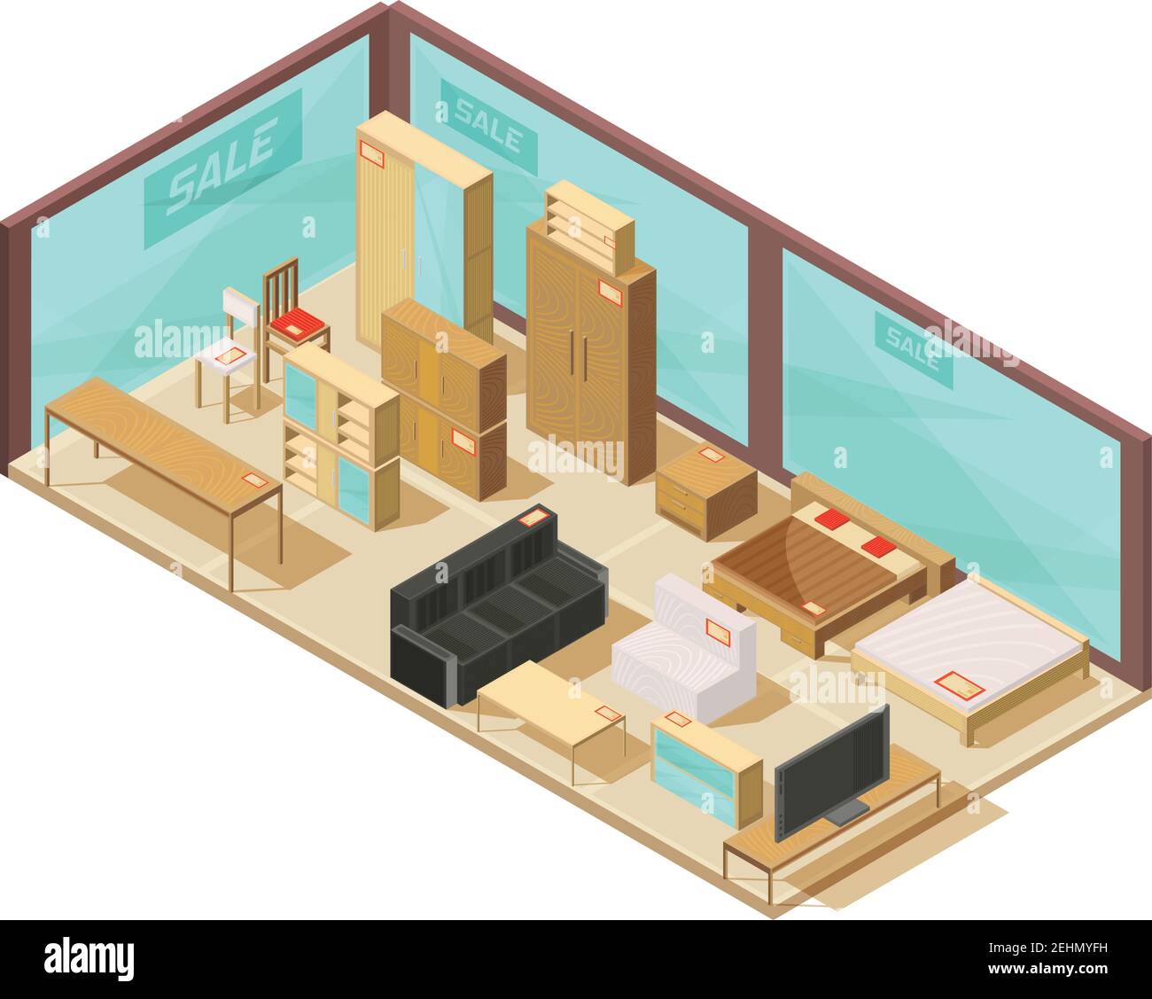 Composition with isometric furniture store with glass walls and wall ...