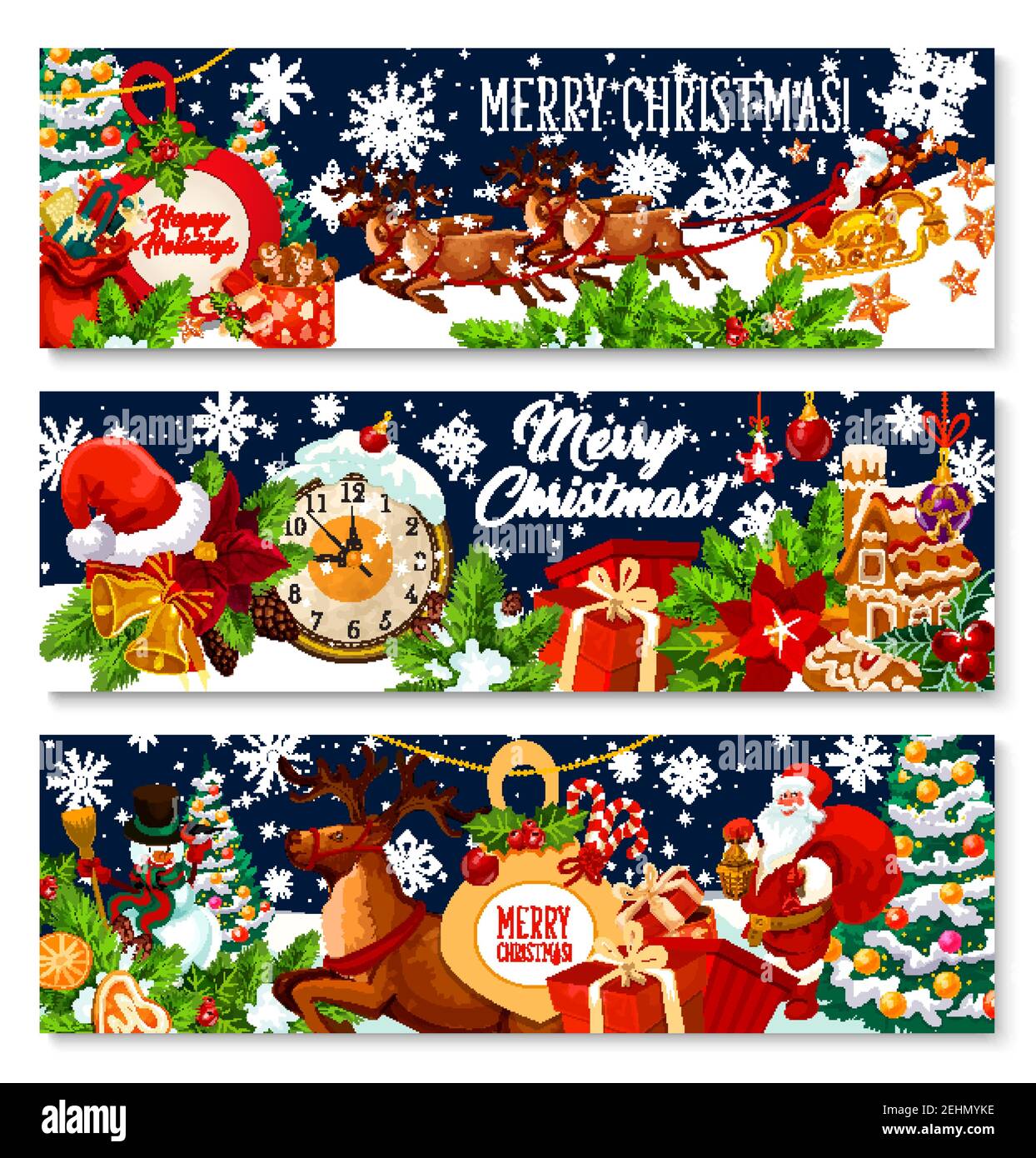Merry Christmas holiday greeting banners of Santa with gifts bag in ...