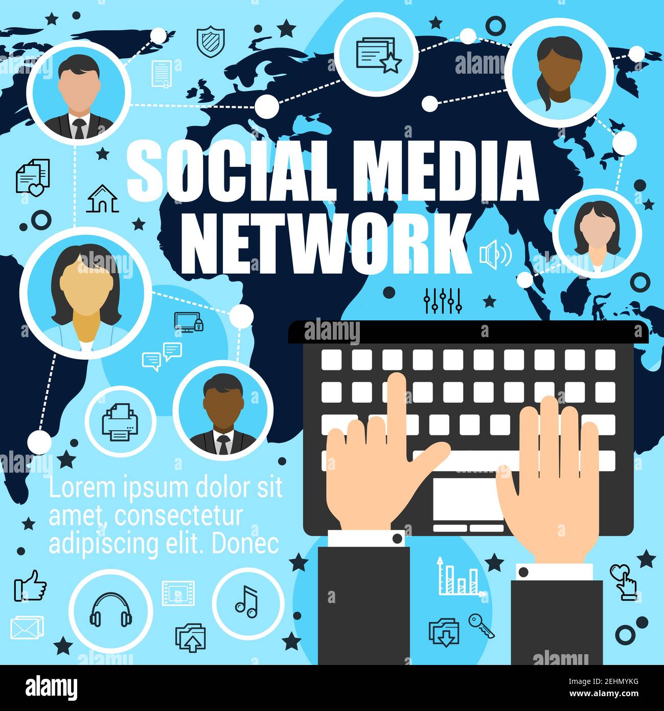 Social media network, male typing message on keyboard. People avatar ...