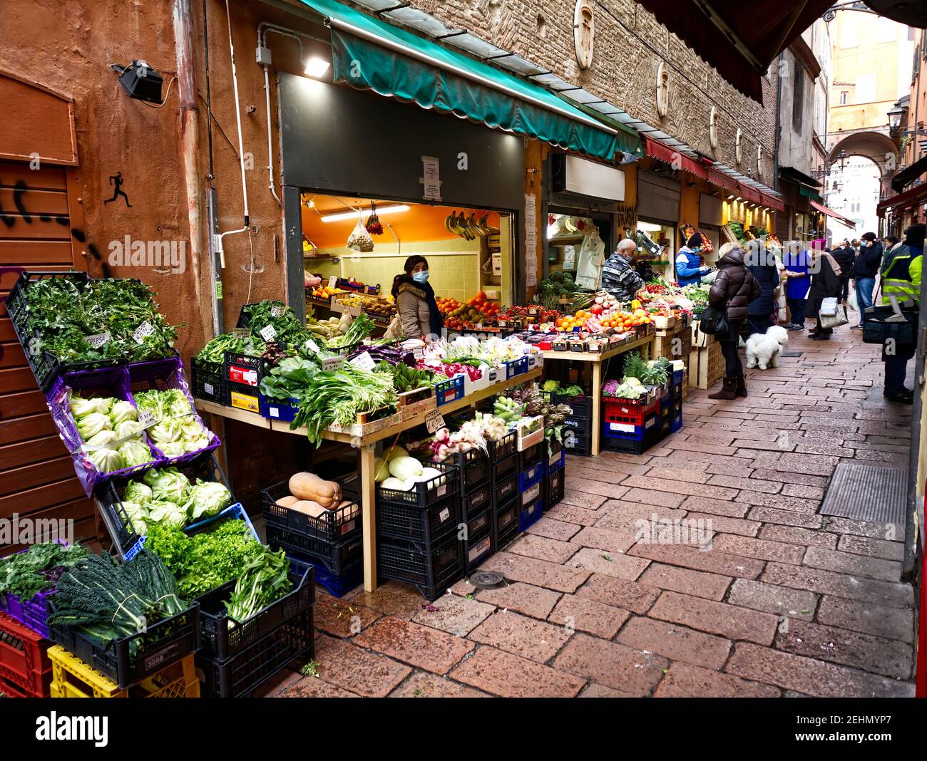 Famous street market "Il Quadrilatero" located in the center of Bologna ...
