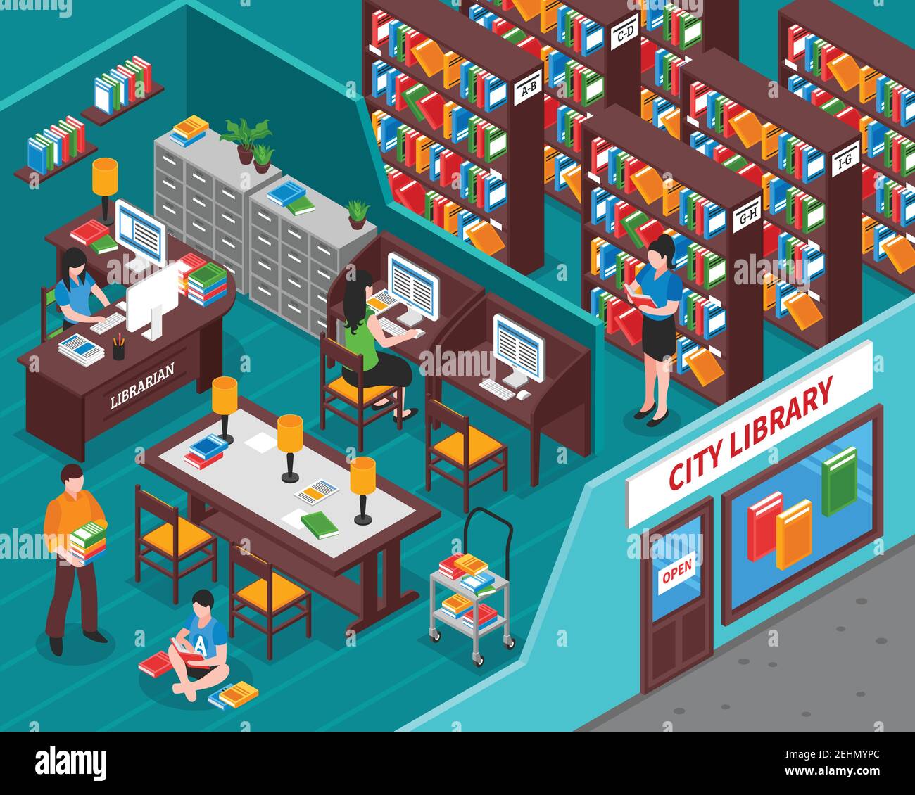 City library with books employee at workplace visitors interior ...