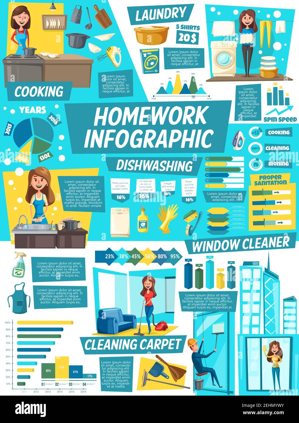Housework infographics with cleaning, laundry washing and kitchen ...