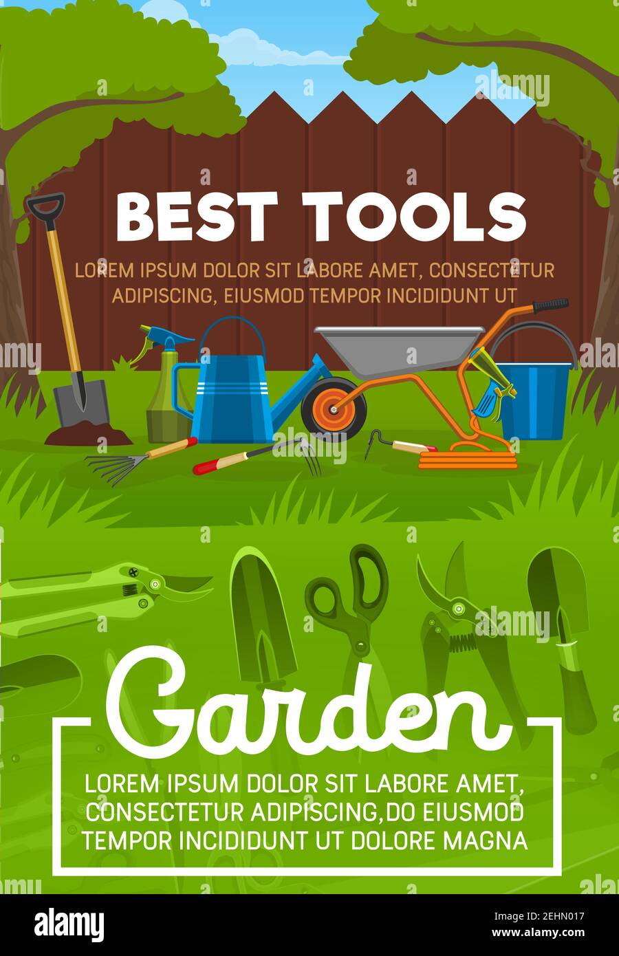 Garden tools with shovel and sprayer, watering can and rake, cart and ...