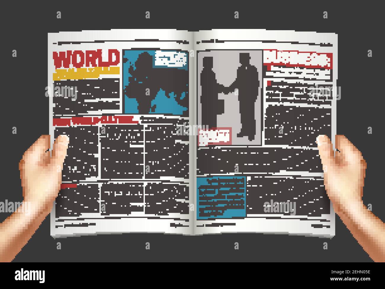 Reading world business news poster with hands holding open newspaper on ...
