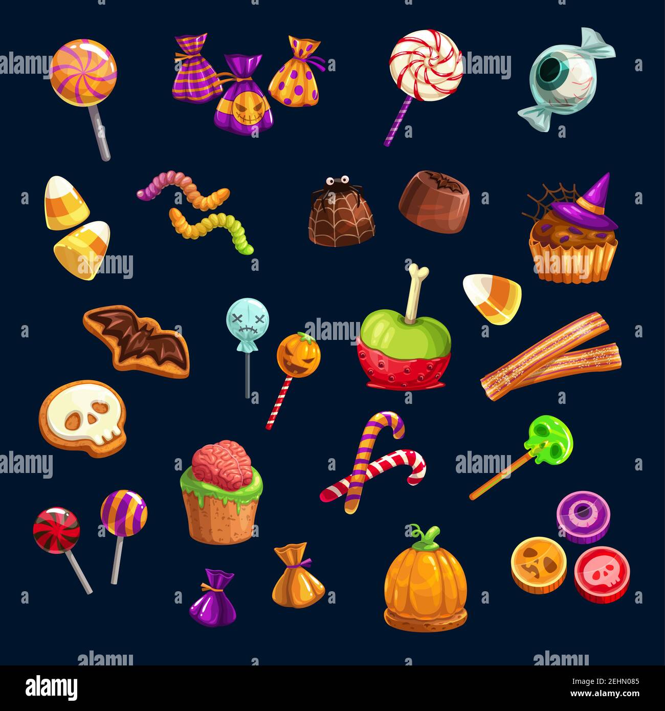 Halloween Trick or Treat party scary candy sweets and lollipops. Vector ...
