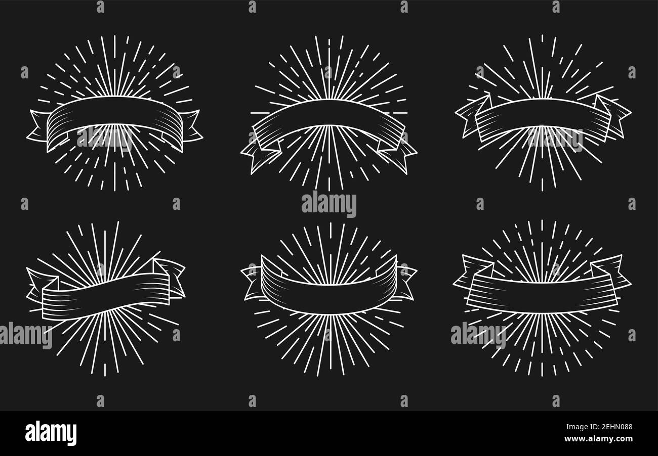 Glyph ribbons with sunburst, icon set. Old vintage empty simple tapes ...