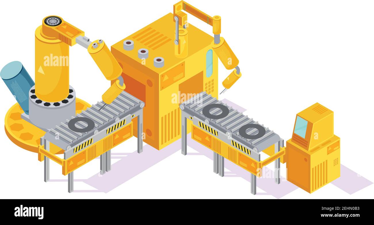 Grey yellow welding conveyor with robotic hands and computer control on ...
