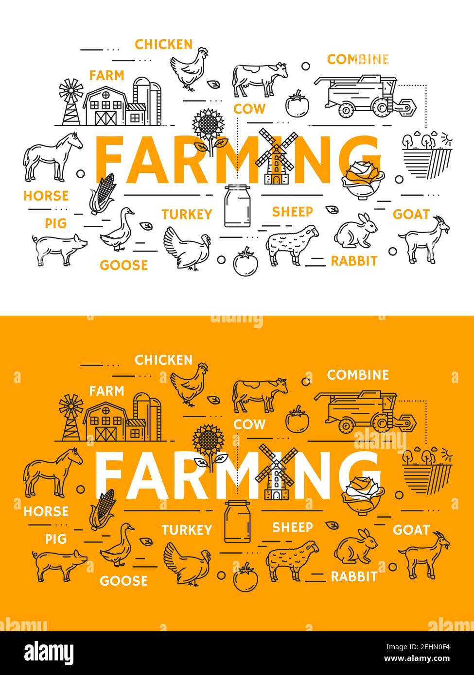 Farming line art posters with outline icons. Farm and chicken, cow and ...