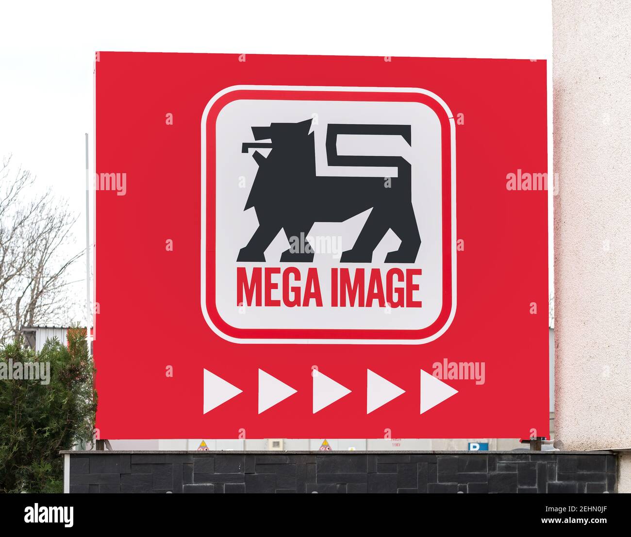 Bucharest/Romania - 02.10.2021: Logo of the Mega Image supermarket at ...