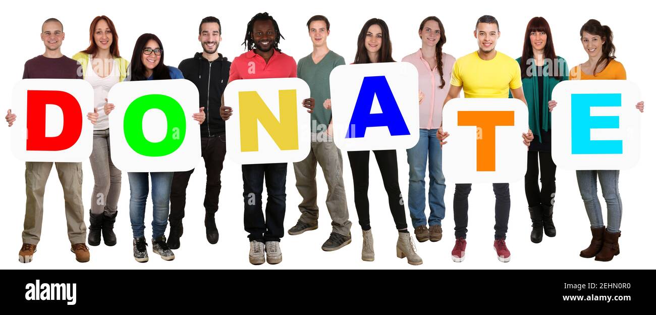 Donate money donation charity pay paying group of young multi ethnic ...