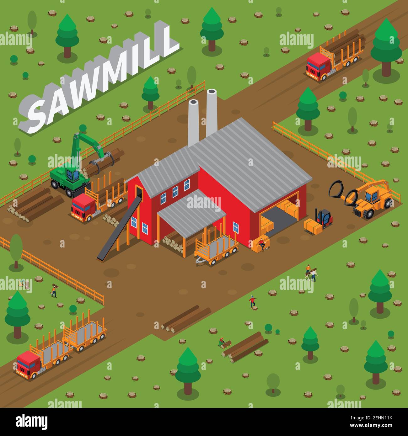 Colored sawmill timber mill lumberjack isometric composition with ...
