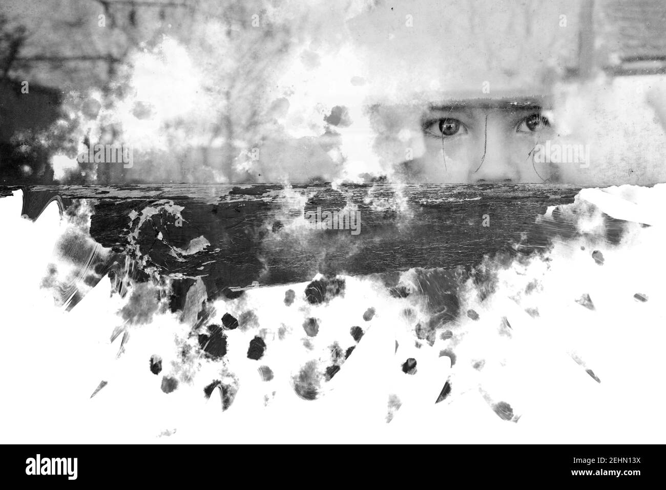 Child fearfully looking through a window Stock Photo - Alamy
